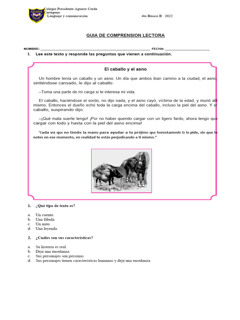 GUIA DE COMPRENSION LECTORA para 4to Básico | PDF