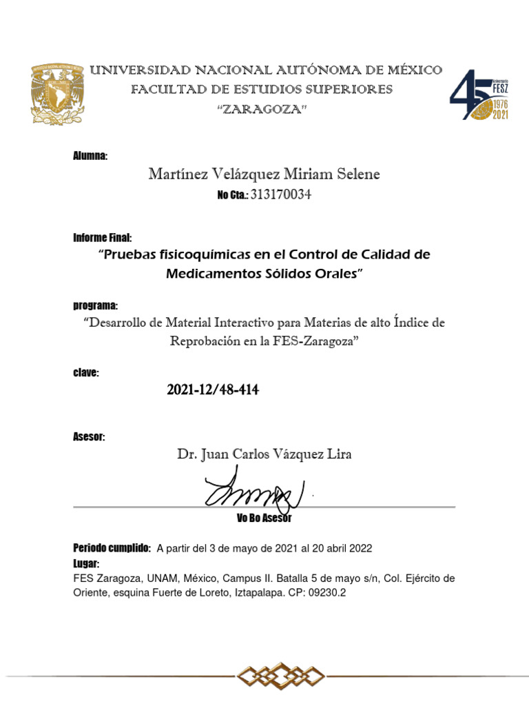 Servicio Social Pruebas Fisicoquimicas para Medicamentos Sólidos Orales ...