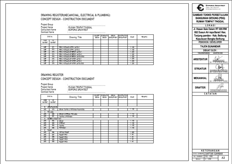 Drawing Register (Mecanichal, Electrical & Plumbing) Concept Design - Construction Document | PDF
