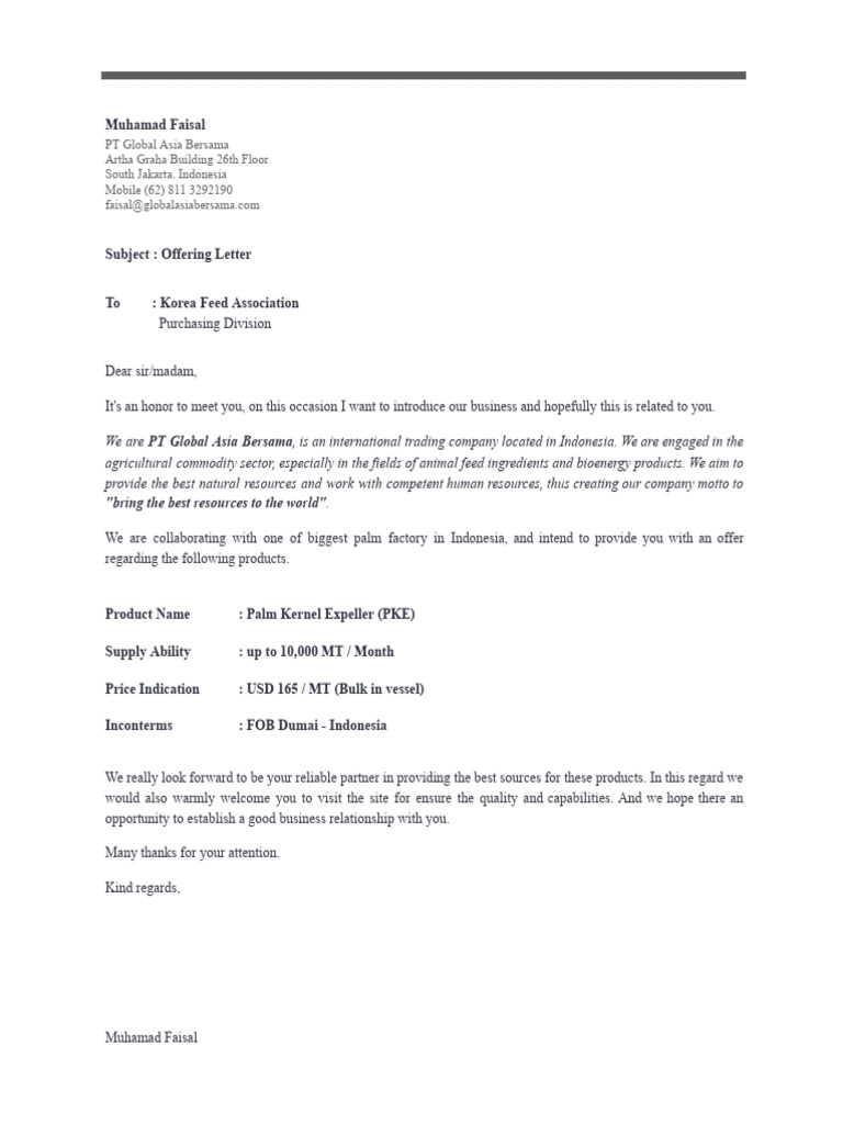 Offering Letter (Palm Kernel Expeller) | PDF