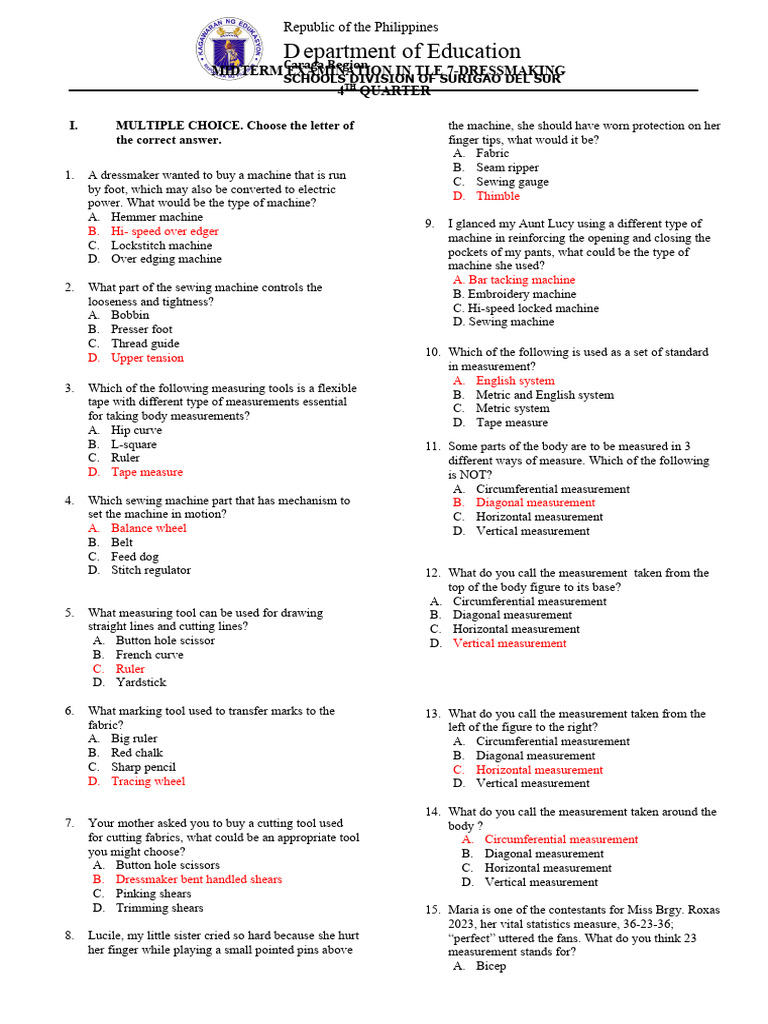 Midterm Exam in Tle 7 Dressmaking 4th Q WITH ANS KEY | PDF | Sewing | Sewing Machine