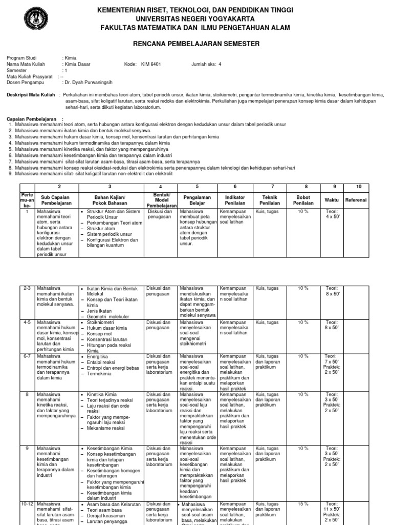 Rencana Pembelajaran Kimia Dasar 1 | PDF