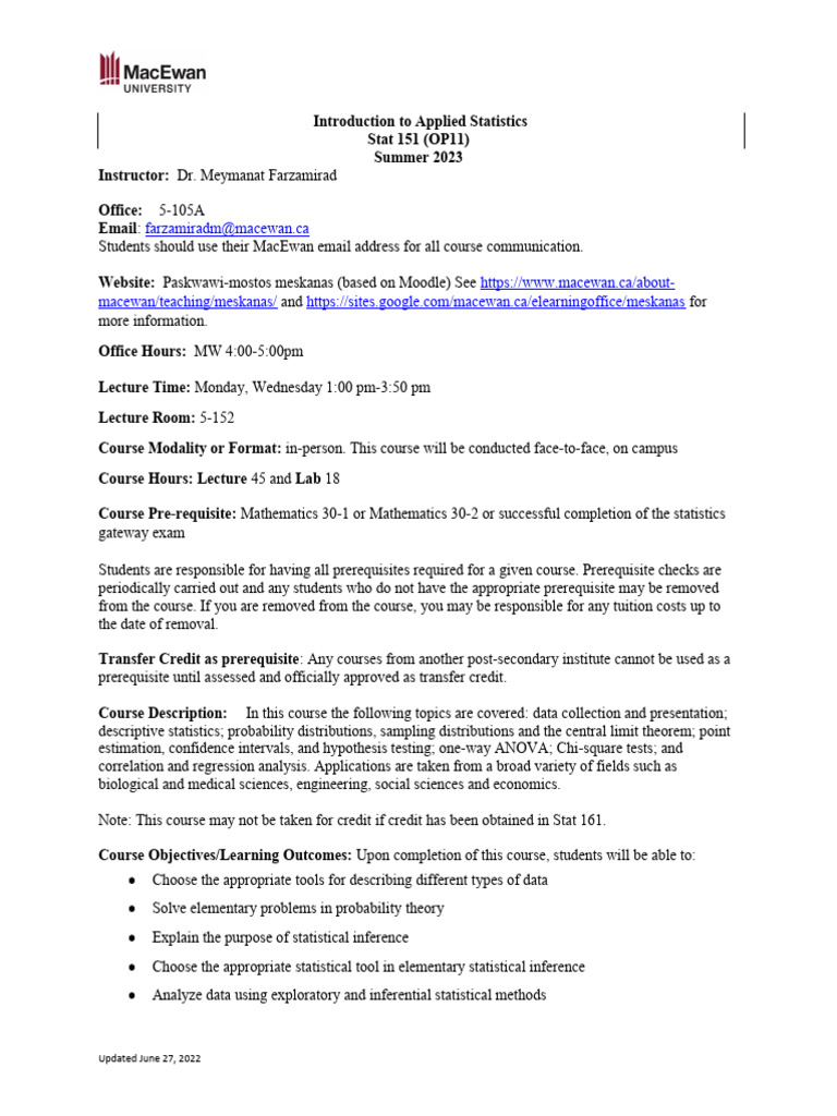 Last Version-Stat 151course Outline Summer 2023 | PDF | Probability ...