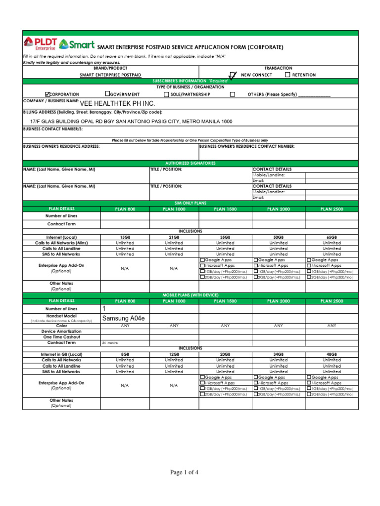 Smart Enterprise Postpaid Application Form | PDF | Subscription ...
