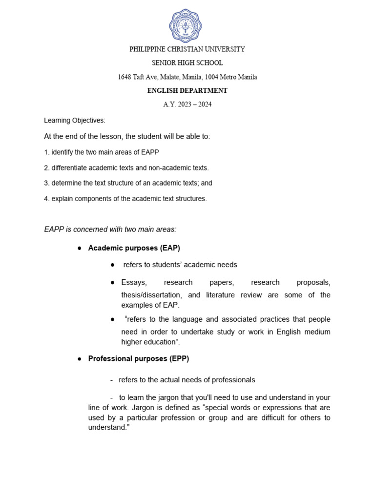 WEEK 1 Intro of EAPP Academic Text Structure of Academic Text | PDF | Thesis | Academic Publishing
