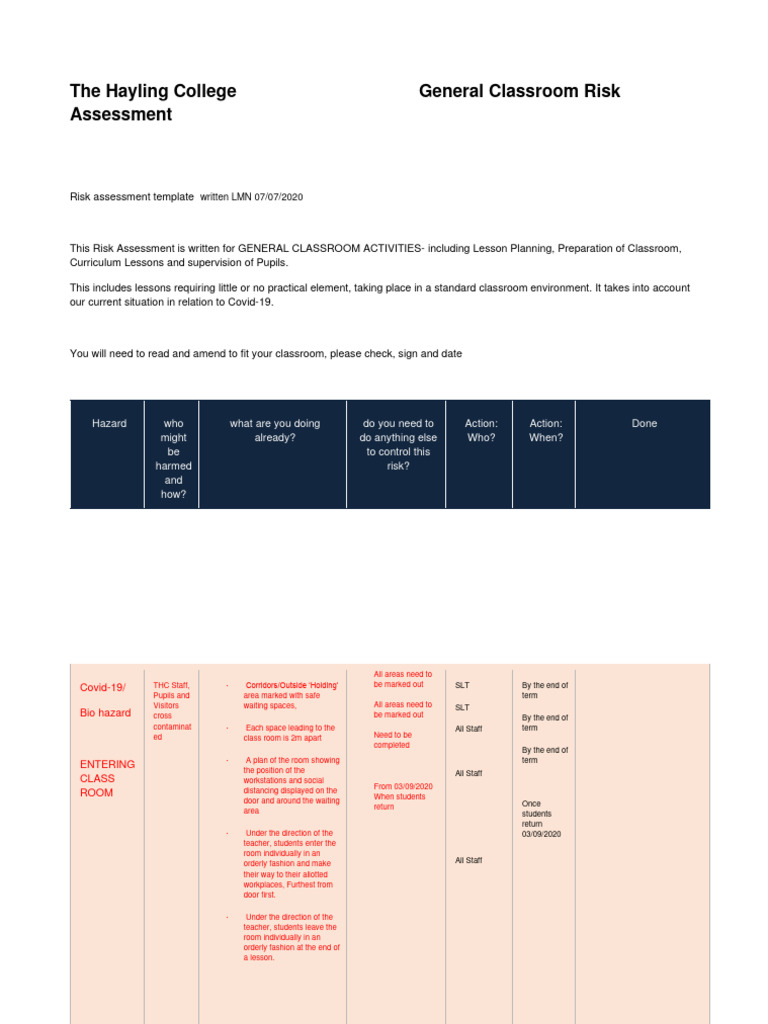 The Hayling College General Classroom Risk Assessment | PDF | Classroom ...