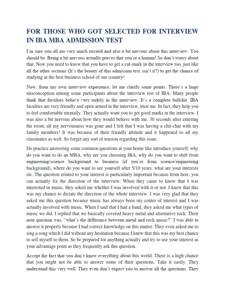 IBA MBA Interview Preparation Tips | PDF | Question | Knowledge
