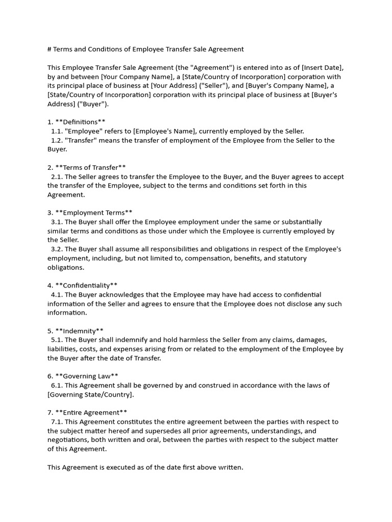 Terms and Conditions of Employee Transfer Sale Agreement | PDF