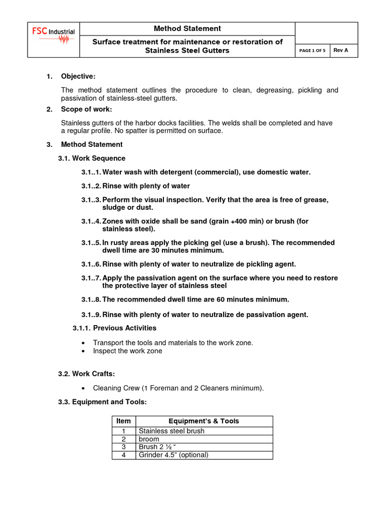 Modelo de Method Statement Maintenance of Stainless Steel Gutters | PDF | Stainless Steel ...