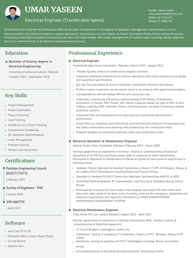 Eng. Umar CV12 | PDF | Electrical Engineering | Electrical Wiring