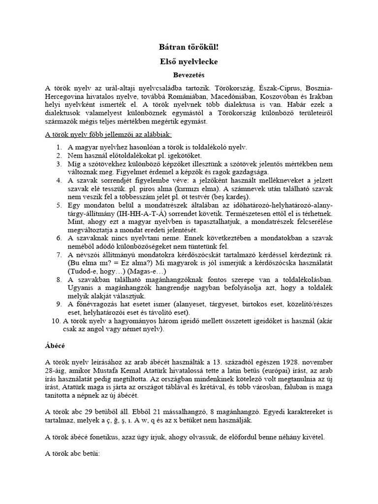 Batran Torokul Elso Nyelvlecke: A Torok Nyelv | PDF