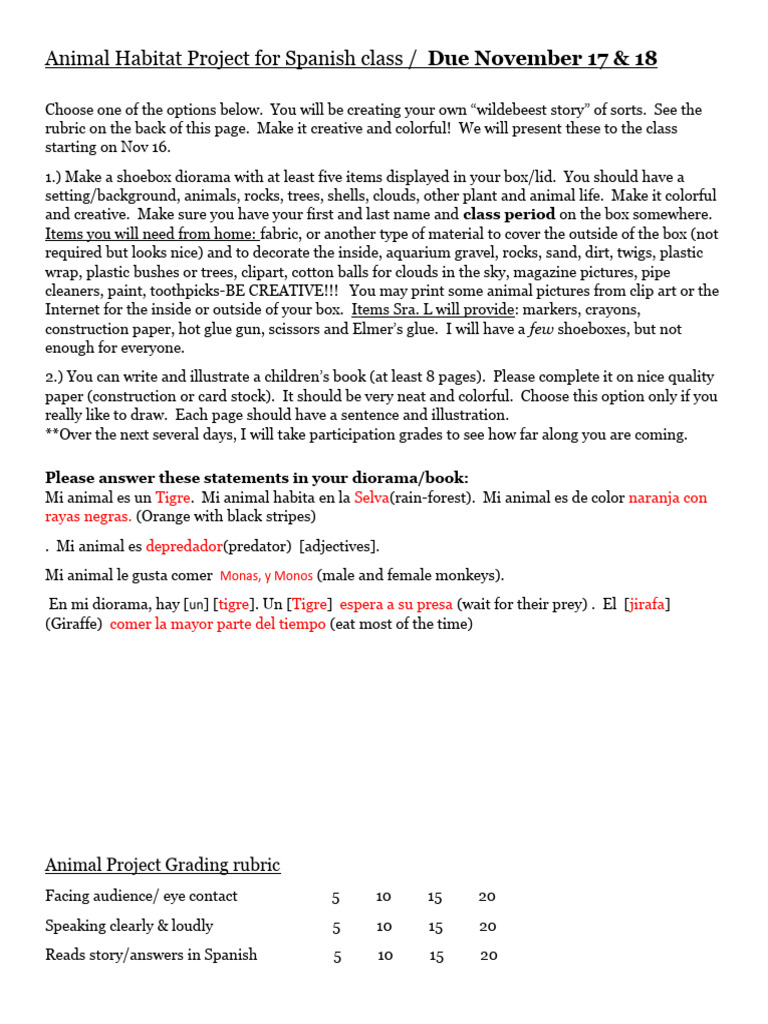 Animal Habitat Project For Spanish Class | PDF
