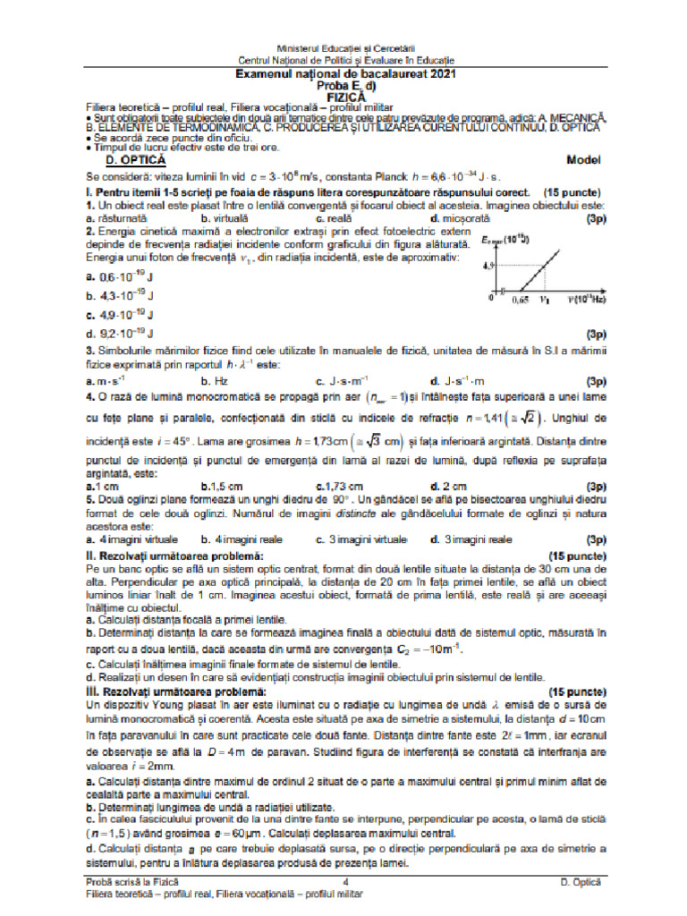 Subiecte Fizica Bacalaureat 2021 - Optica | PDF
