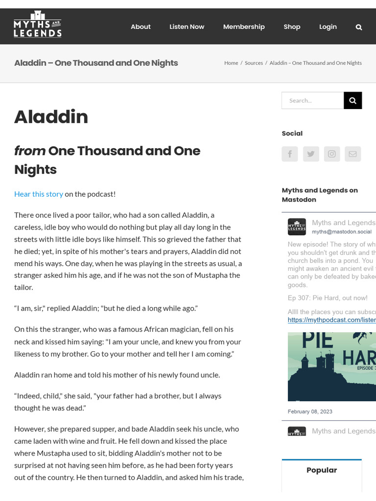 Aladdin – One Thousand and One Nights – Myths and Legends | PDF