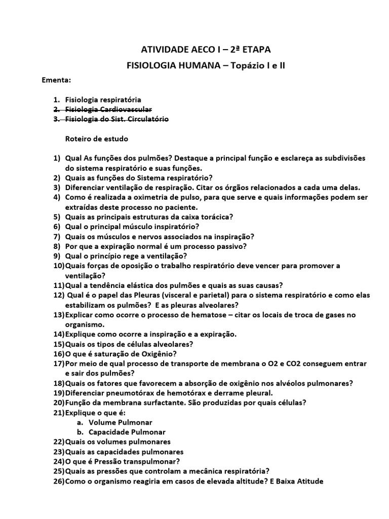 Atividade Aeco II - 2023 - Repiratória | PDF | Ciências e Matemática