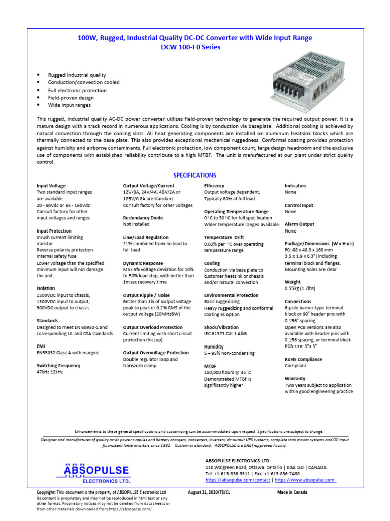 DCW 100 F0 Wide Input Range DC DC Converter | PDF | Power Supply | Electromagnetism