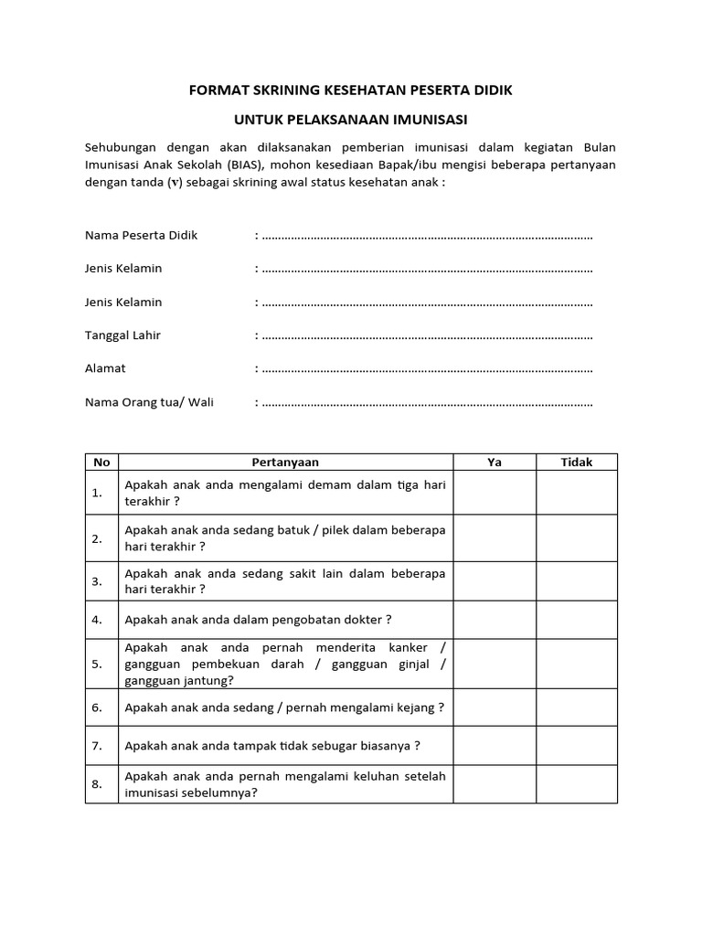 Format Skrining Kesehatan Peserta Didik | PDF