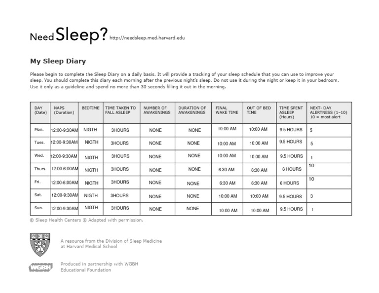 Sleep Diary | PDF | Sleep | Psychological Concepts