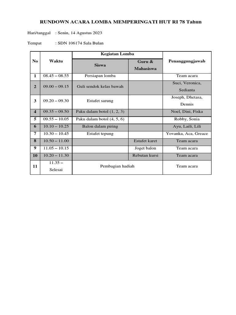 RUNDOWN ACARA LOMBA MEMPERINGATI HUT RI 78 Tahun | PDF