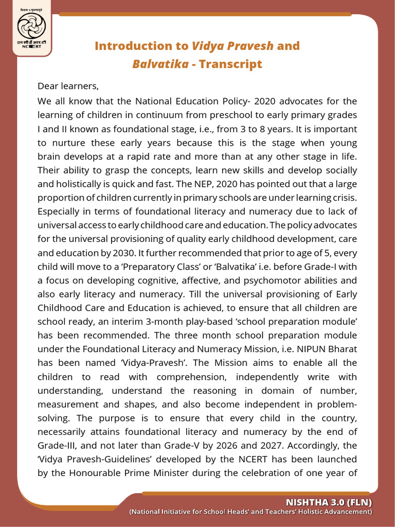 Vidya Pravesh and Balvatika Overview | PDF | Literacy | Preschool