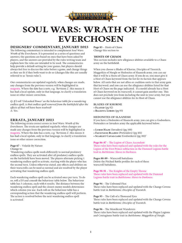 Age of Sigmar AoS - Soul Wars Wrath of The Everchosen - Errata 2023-01-12 | PDF