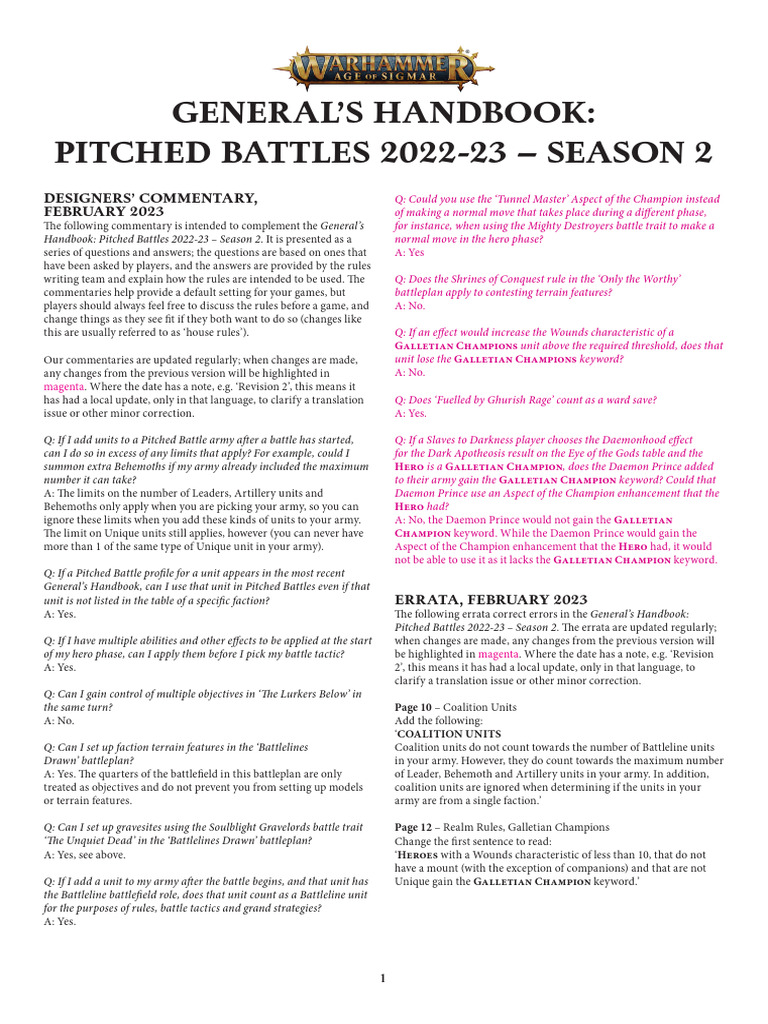 Age of Sigmar AoS - General's Handbook 2022-2023 Season 2 - Pitched ...