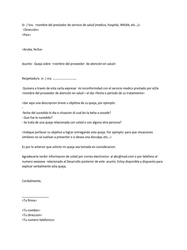 Ejemplo de Carta para Entrega de Quejas A Servicios Salud Esp | PDF