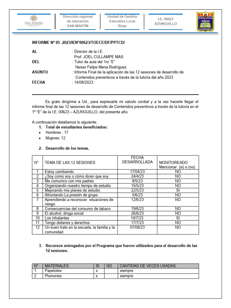 Primer Grado Informe | PDF