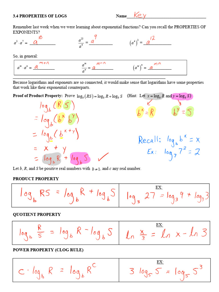 3.4 Properties of Logs Notes Key | PDF | Logarithm | Combinatorics