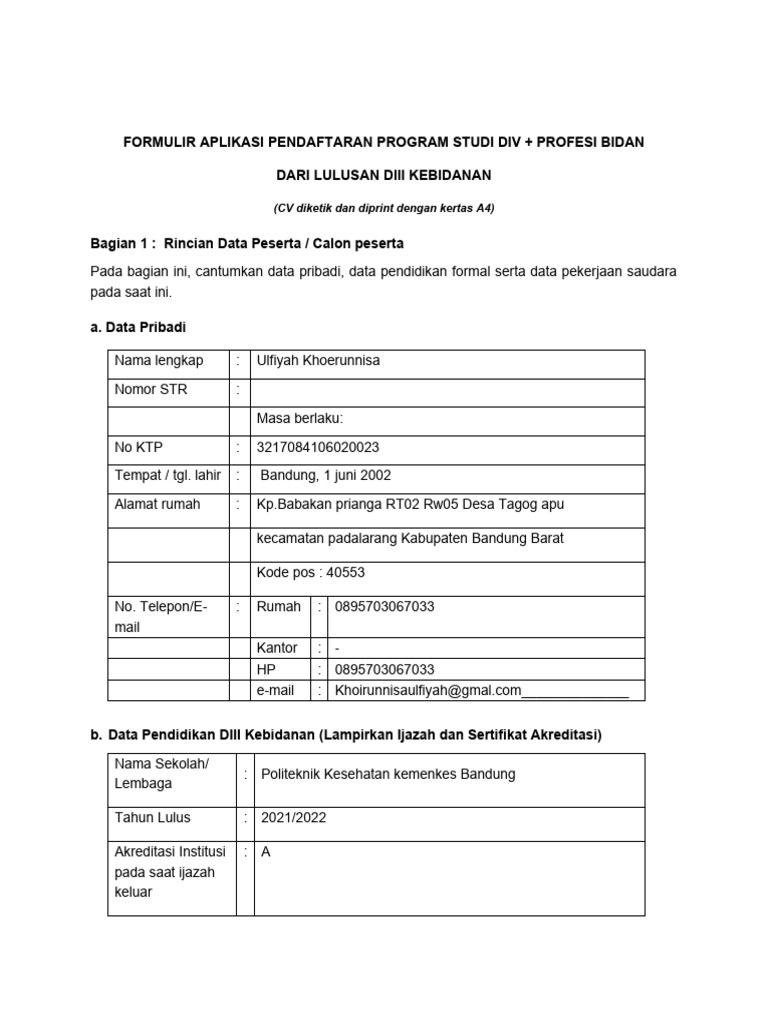 CV Pendaftar DIV Profesi Bidan 2022 | PDF