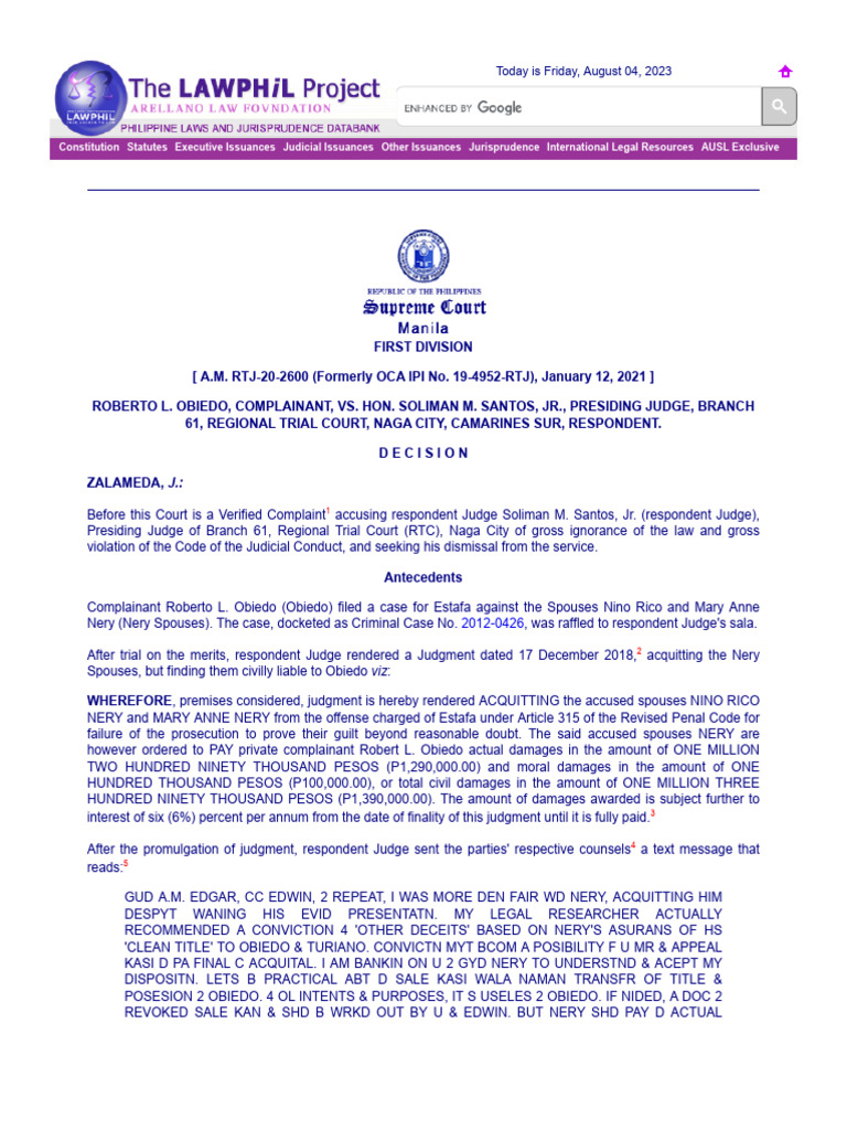 Judge Santos' Judicial Misconduct Case | PDF | Judgment (Law) | Judge