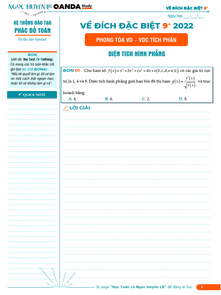 (Cô Ngọc Huyền LB) Phong tỏa VD-VDC Tích phân - Diện tích hình phẳng (bản handout) | PDF