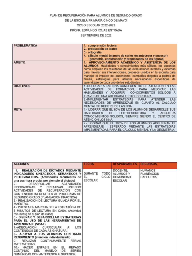 Plan de Recuperación para Alumnos de Segundo Grado | PDF | Evaluación | Aprendizaje