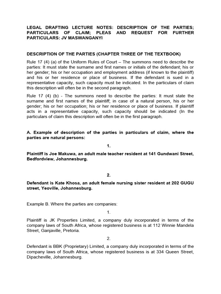 Legal Drafting: Parties and Claims Guide | PDF | Pleading | Legal Procedure