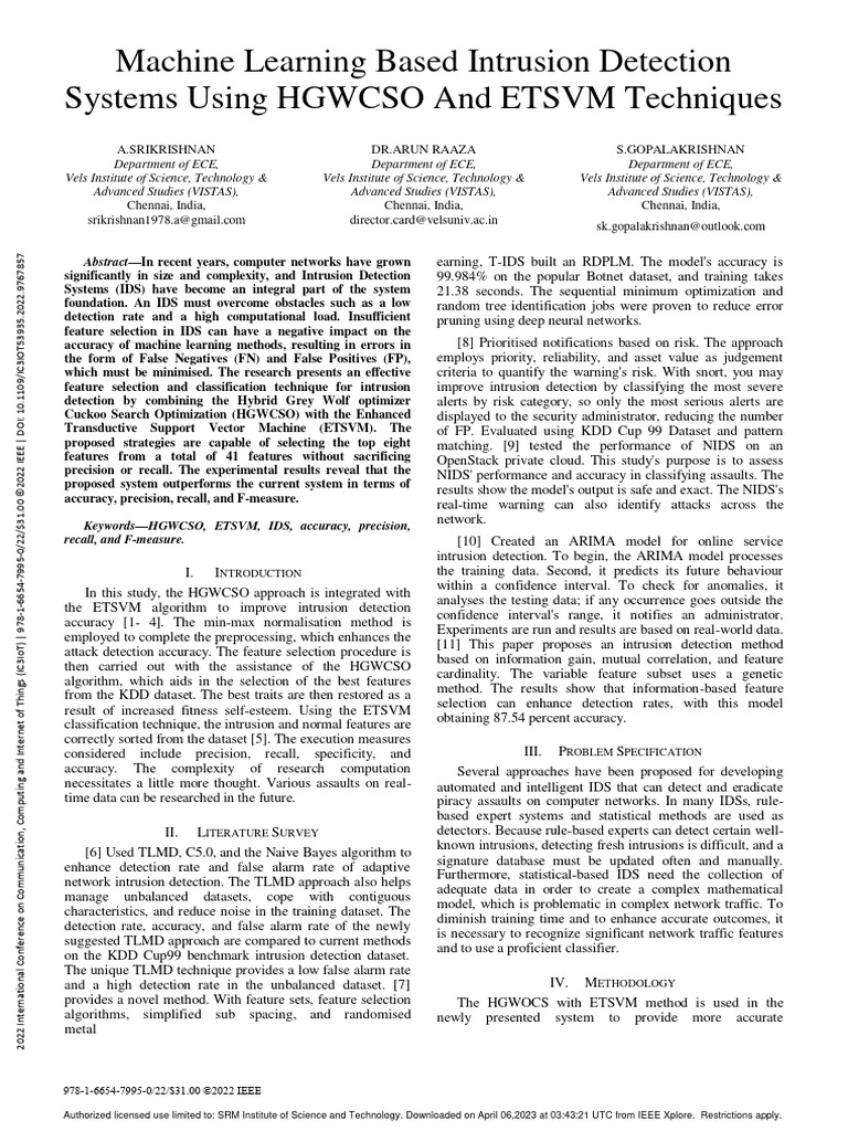 Machine Learning Based Intrusion Detection Systems Using HGWCSO and ETSVM Techniques | PDF ...