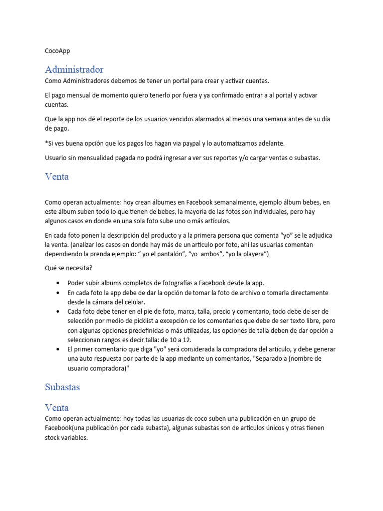 Gestión de Ventas y Subastas en CocoApp | PDF | Subasta | Facebook