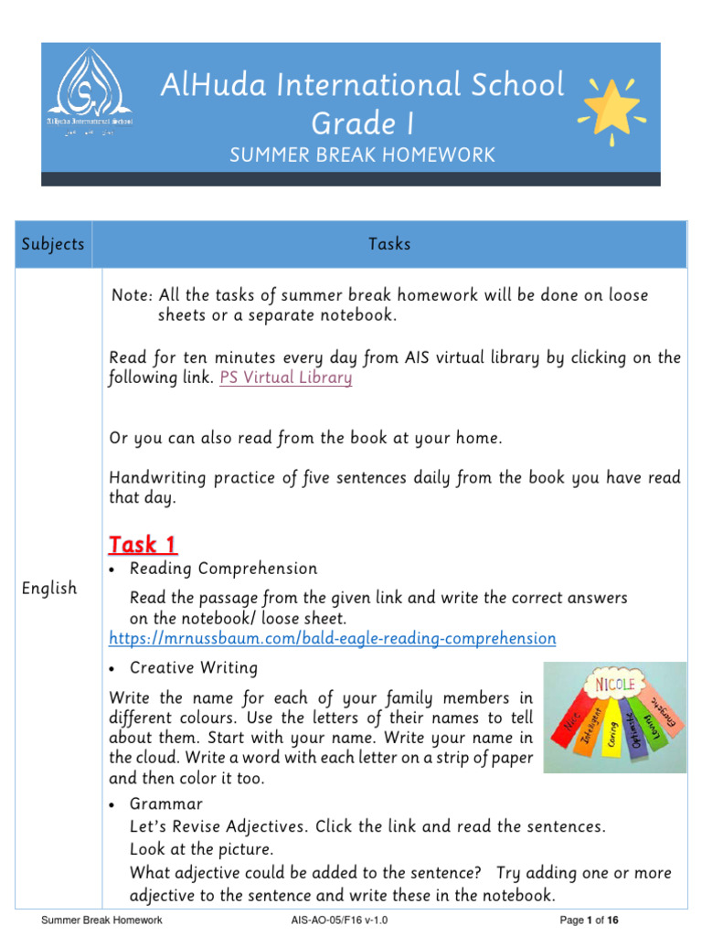 Grade I Summer Break Homework 2022 2023 | PDF | Books | Verb