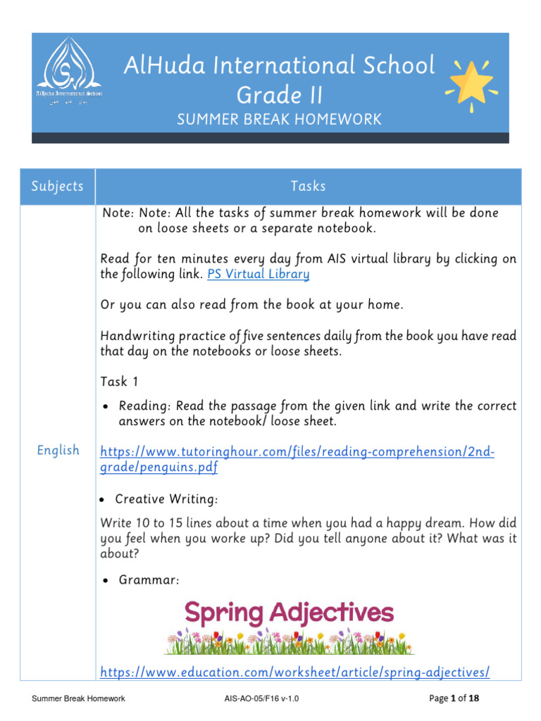 Grade II Summer Break Homework 2022 23 | PDF | Books | Reading ...