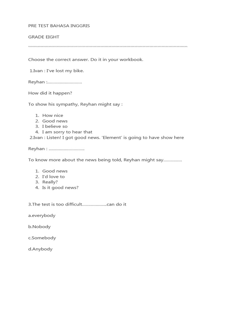 English Pre-Test for Grade 8 Students | PDF | Language Arts & Discipline