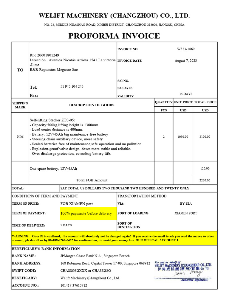 Proforma Invoice - W523-1869 | PDF