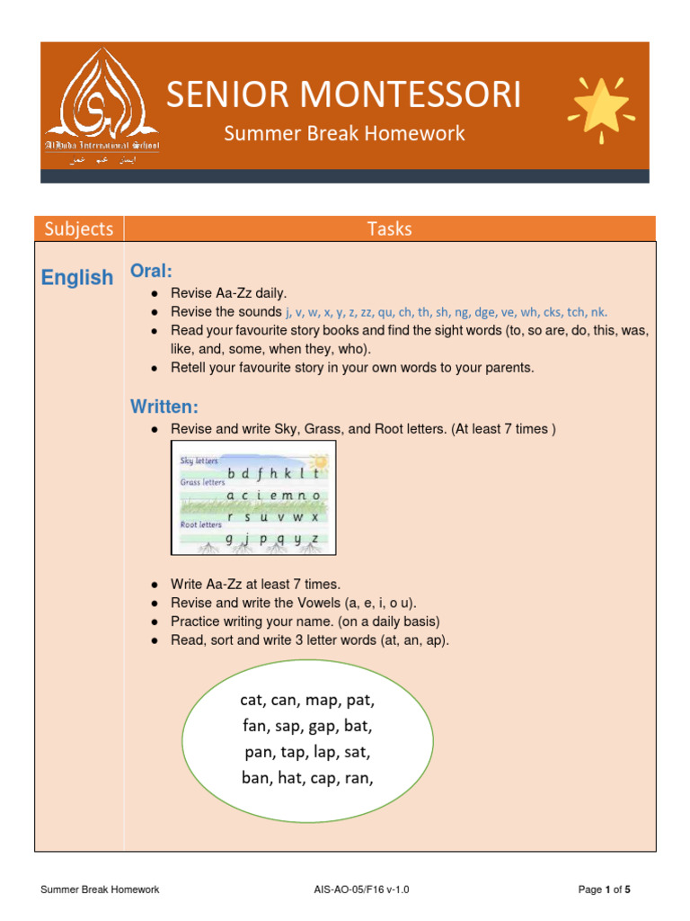 Summer Break Homework Senior Montessori 2022 23 | PDF