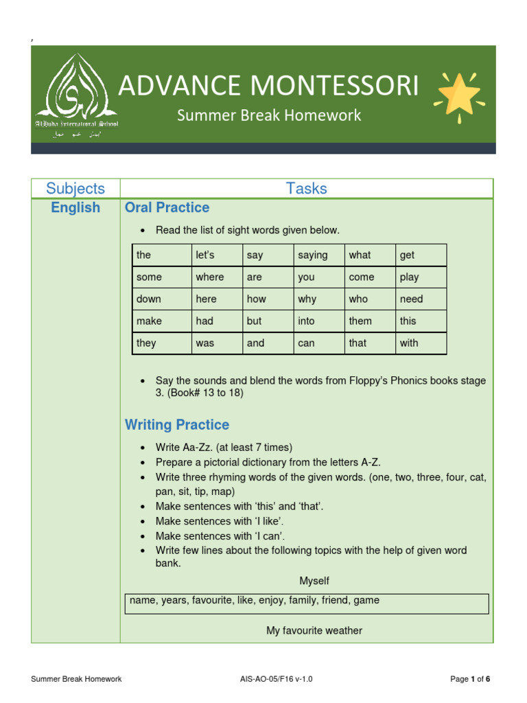 Summer Break Homework Advance Montessori 2022 23 | PDF