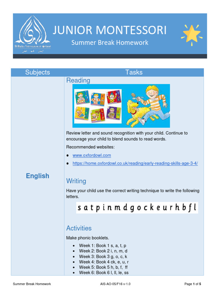 Summer Break Homework Junior Montessori 2022 23 | PDF