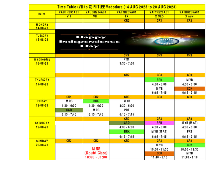 Time Table (VII To X) FIITJEE Vadodara (14 Aug 2023 To 20 Aug 2023) | PDF