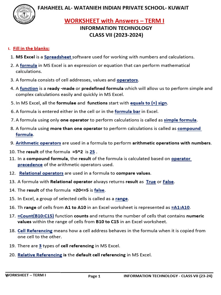 WORKSHEET With Answers - TERM I: Fill in The Blanks | PDF | Formula ...