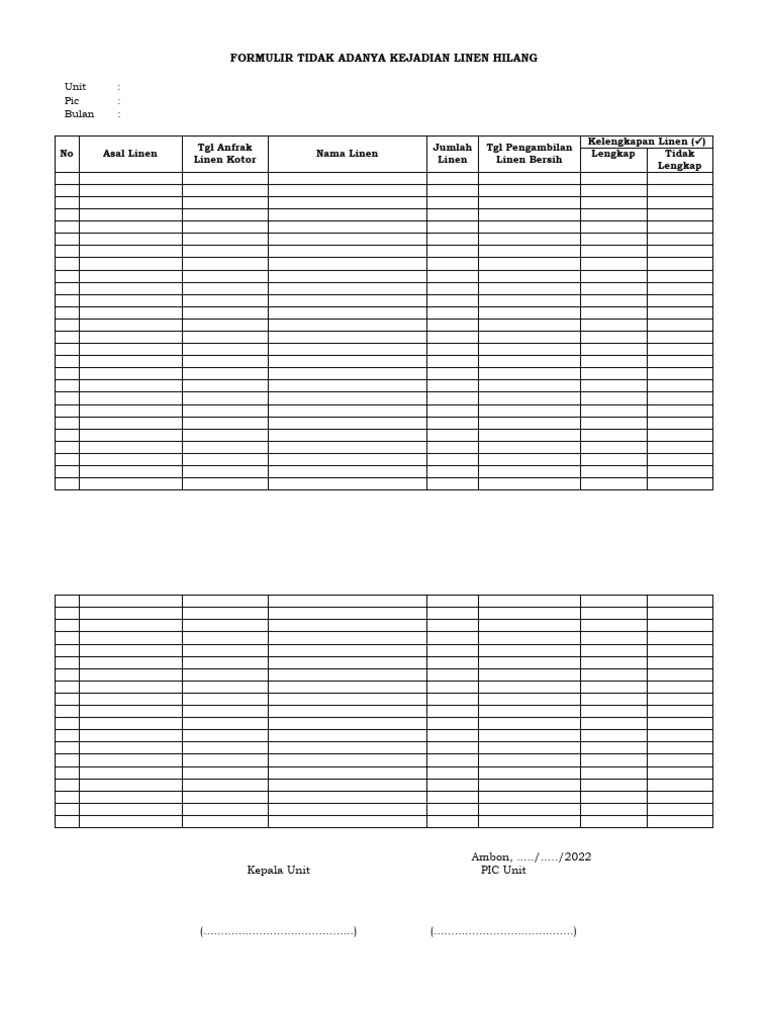 Formulir Tidak Adanya Kejadian Linen Hilang | PDF