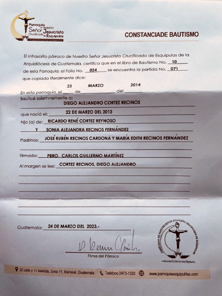 Constancia de Bautizo Diego A. Cortez Recinos | PDF