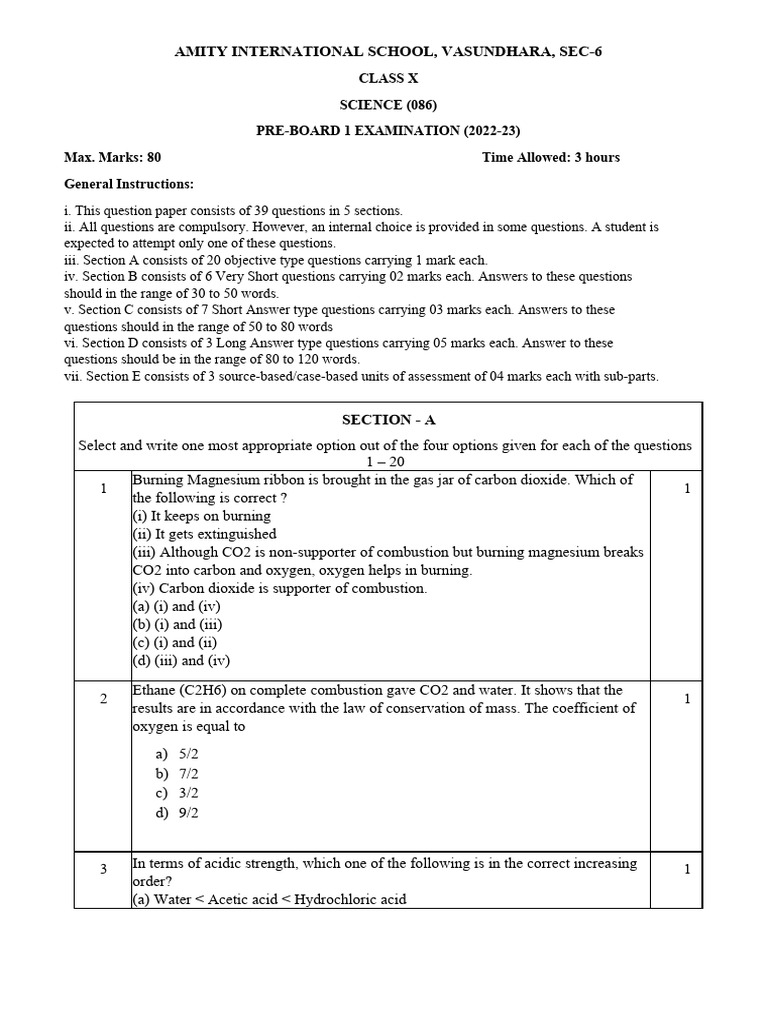 Aisv6 - 2022-23 Preboard 1 - Class 10 Science | PDF | Nitric Acid ...