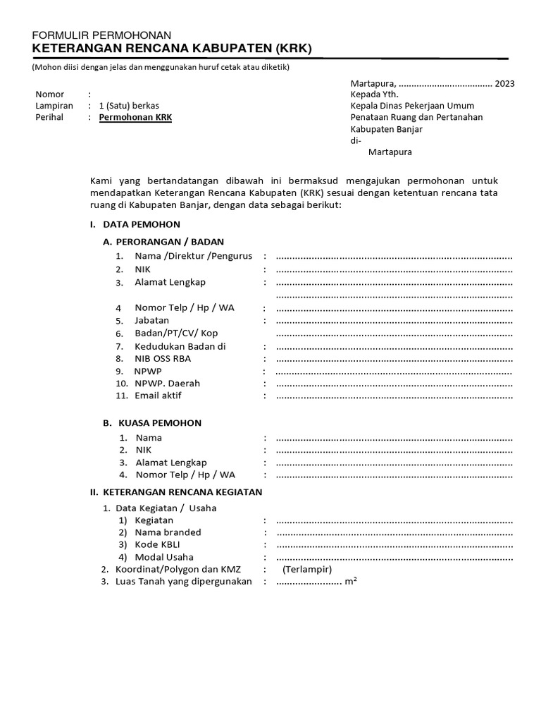 Contoh Formulir Permohonan KRK | PDF | Teknologi & Rekayasa