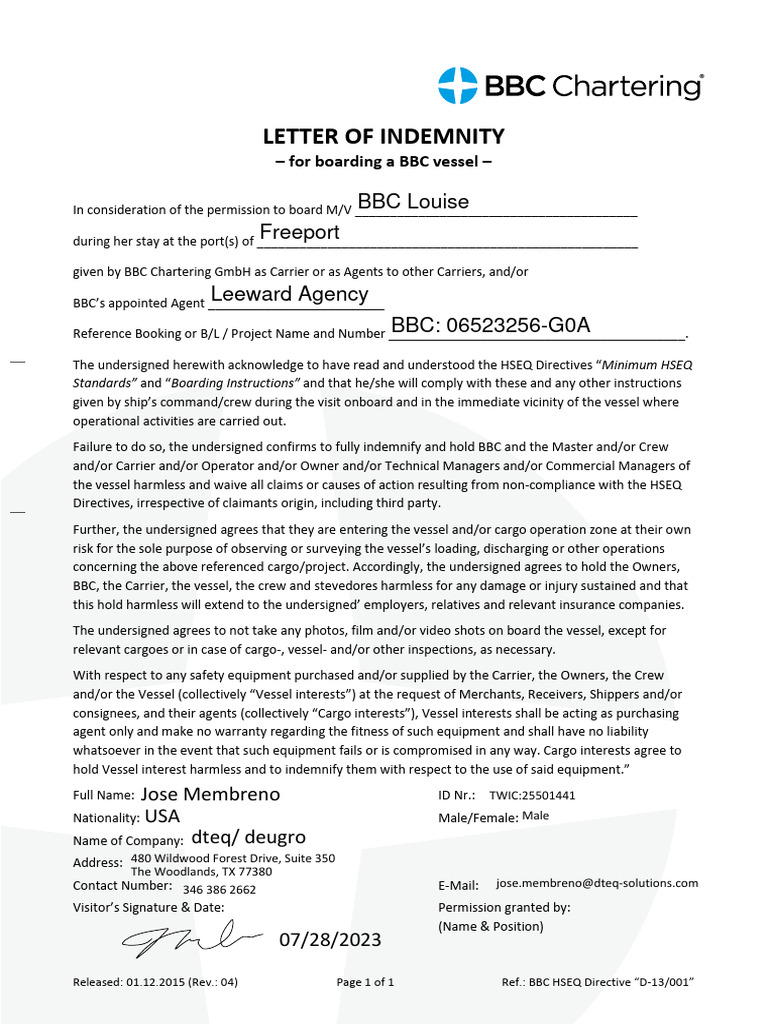 BBC Vessel Boarding Indemnity Form | PDF | Indemnity | Water Transport